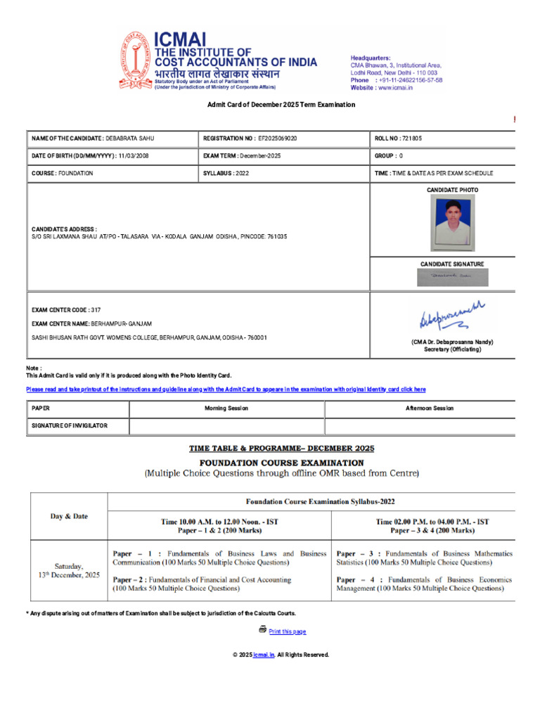 Admit Card of December 2025 Term Examination | PDF | Government And ...