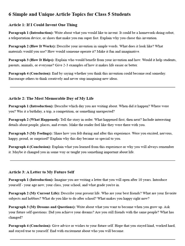 Unique Writing Topics for Class 5 Students | PDF