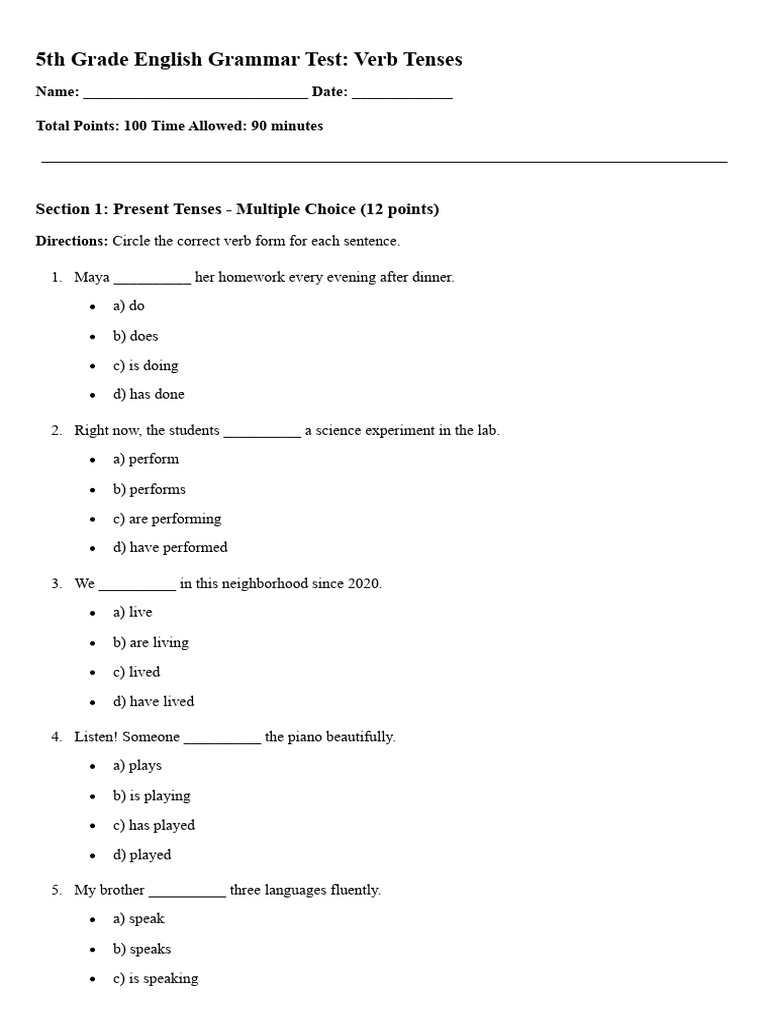 5th Grade Verb Tenses Grammar Test | PDF | Grammatical Tense | Verb