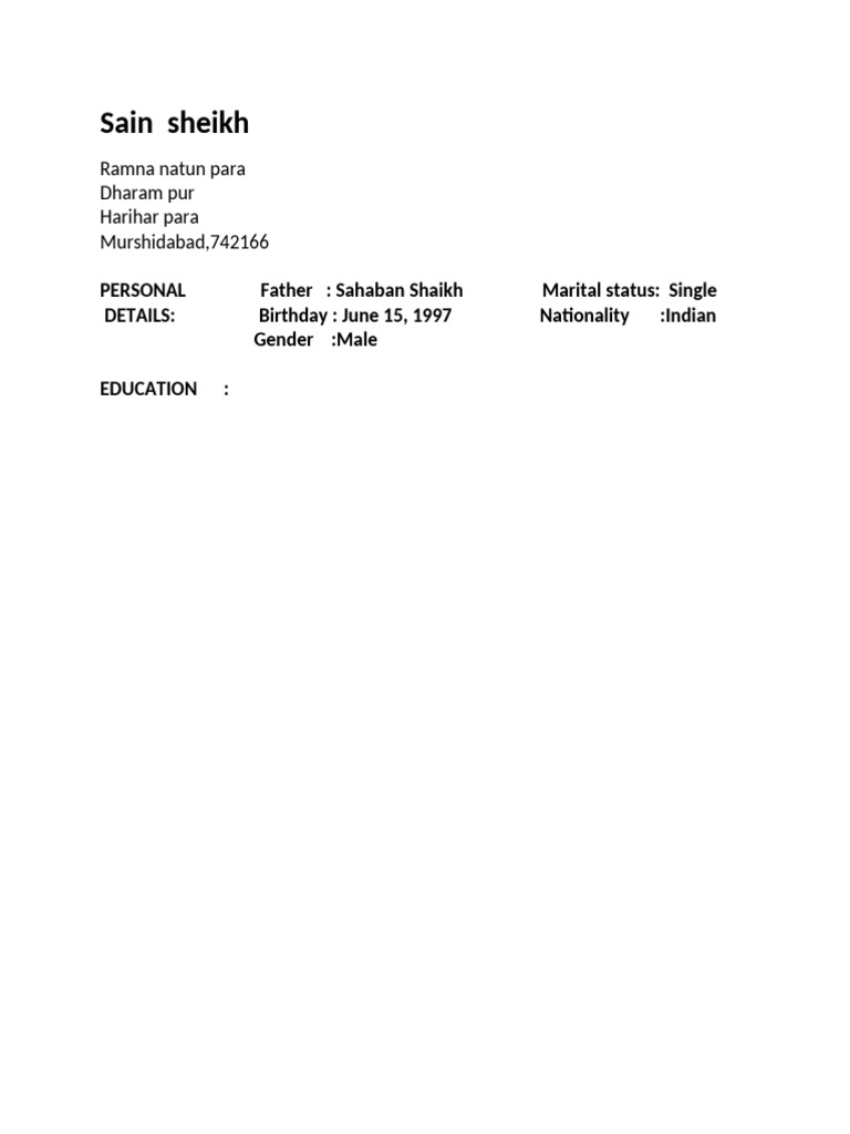 Personal Details of Sain Sheikh | PDF
