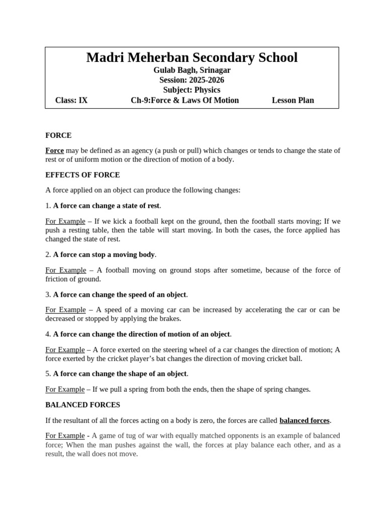 Physics- Ch-9 Force & Laws of Motion Notes (IX) | PDF | Force | Inertia