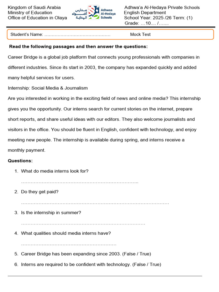 Assessment n 1 Gr.10 - 1447 Mock Test - Answer Key | PDF