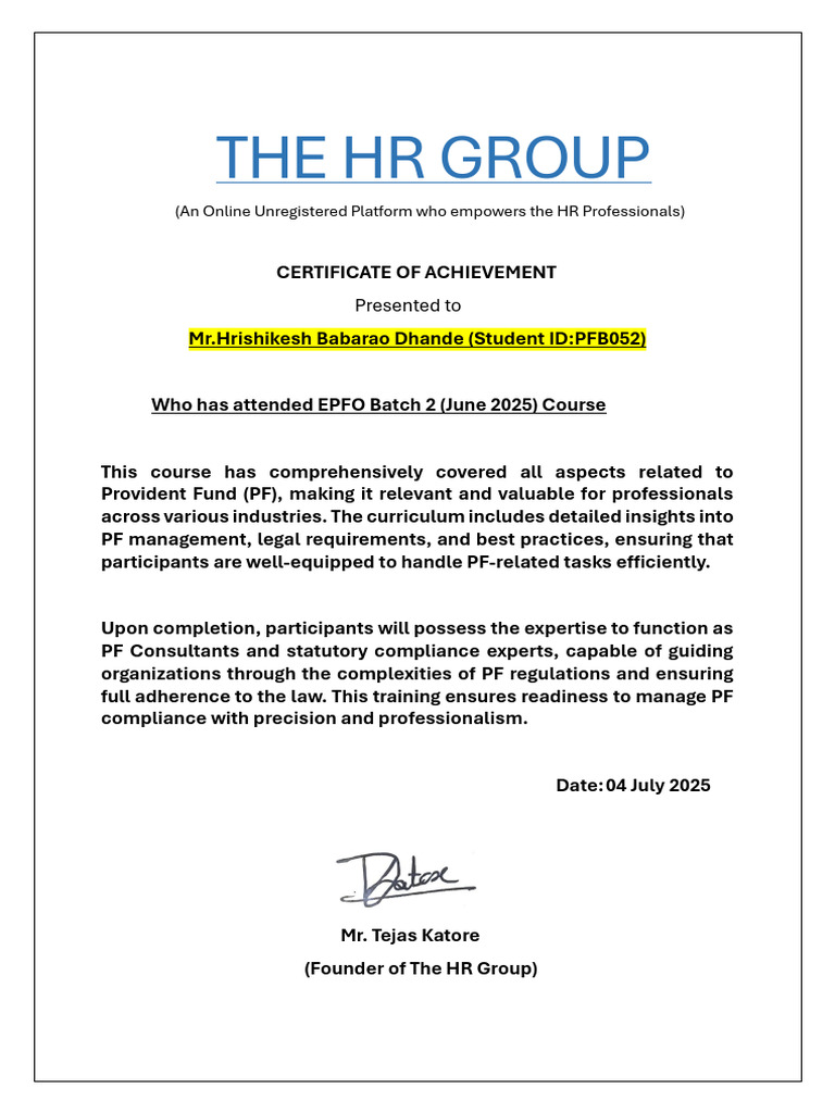 EPFO Batch 02 Certificate of Mr.hrishikesh Dhande (PFB052) | PDF