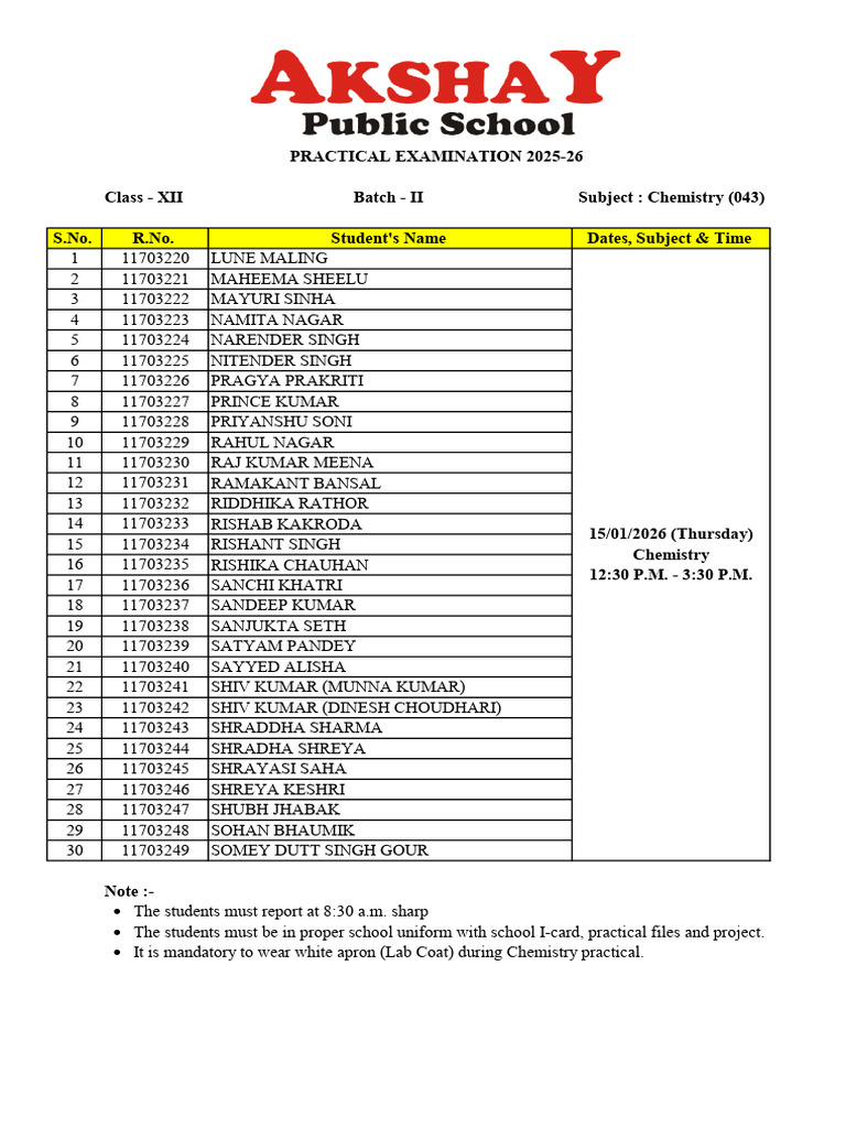Chemistry Practical (2025-26)_Batch_2_15.01.2026 | PDF