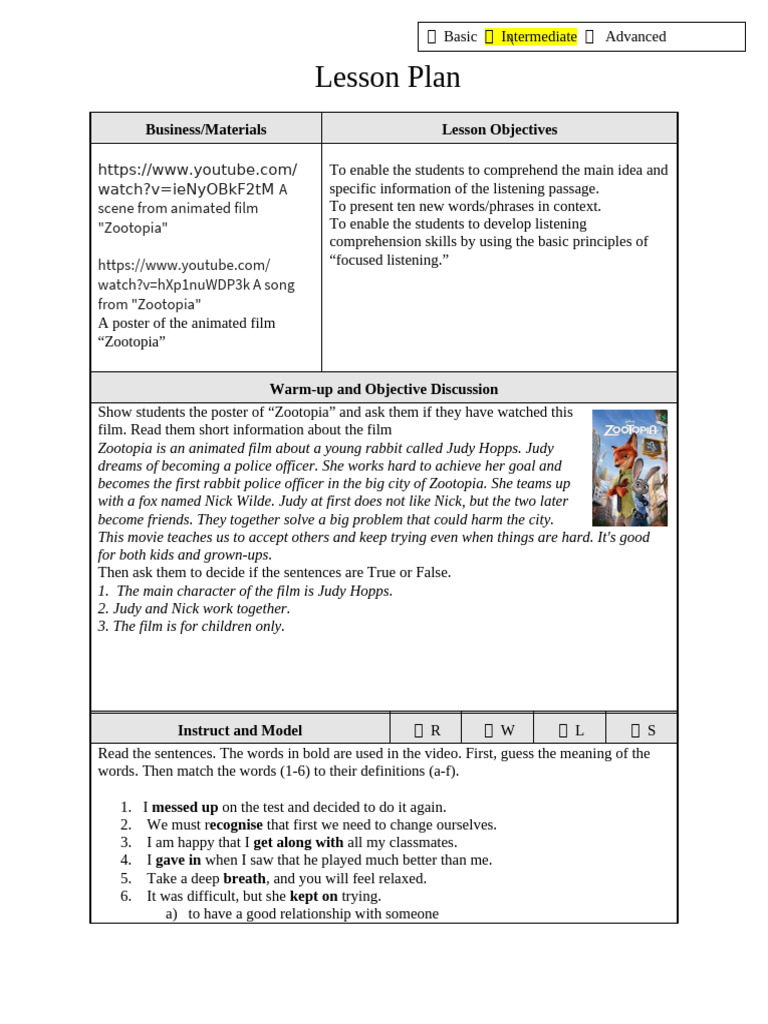 Zootopia Lesson Plan for Listening Skills | PDF | Reading Comprehension ...