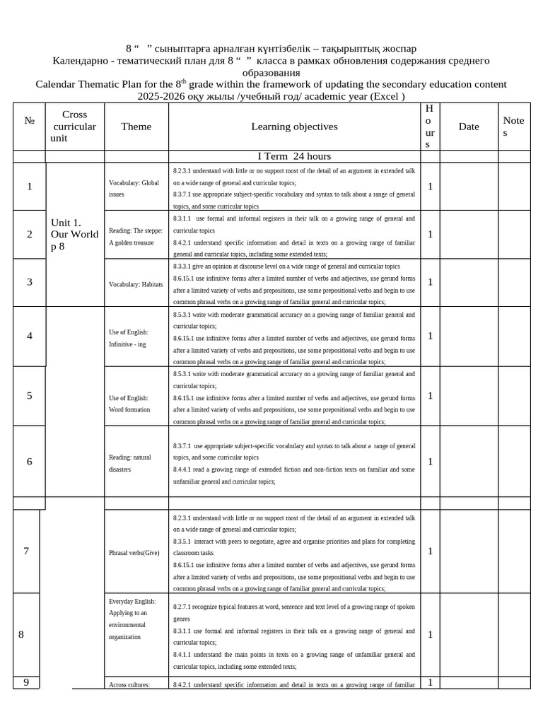 8th Grade Thematic Education Plan 2025-2026 | PDF | English Language | Verb