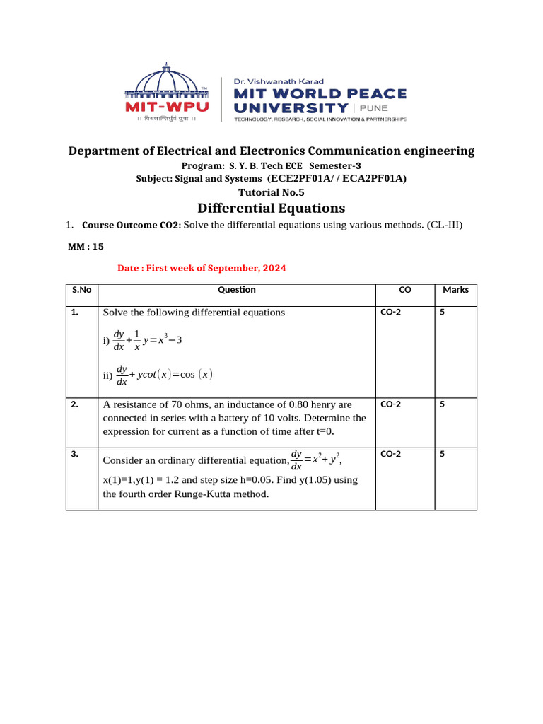 Tutorial-5 Differential Equation 1 | PDF