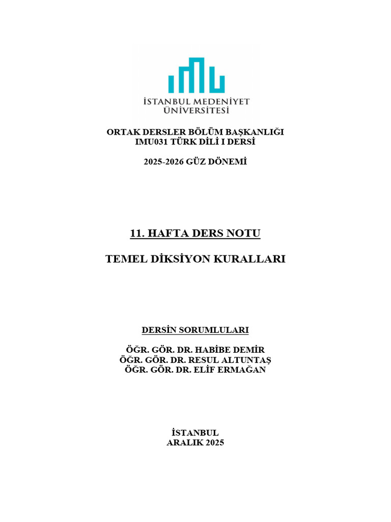 11. Hafta Ders Notu - Temel Diksiyon Kuralları | PDF