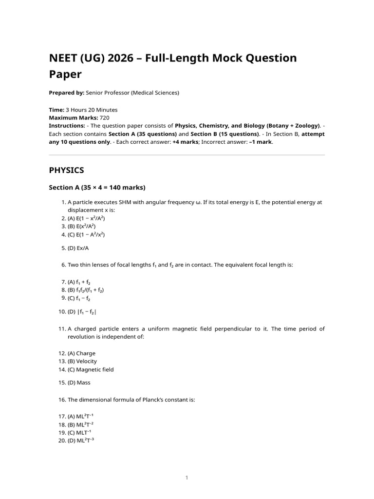 NEET UG 2026 Mock Question Paper | PDF | Chemistry | Hormone