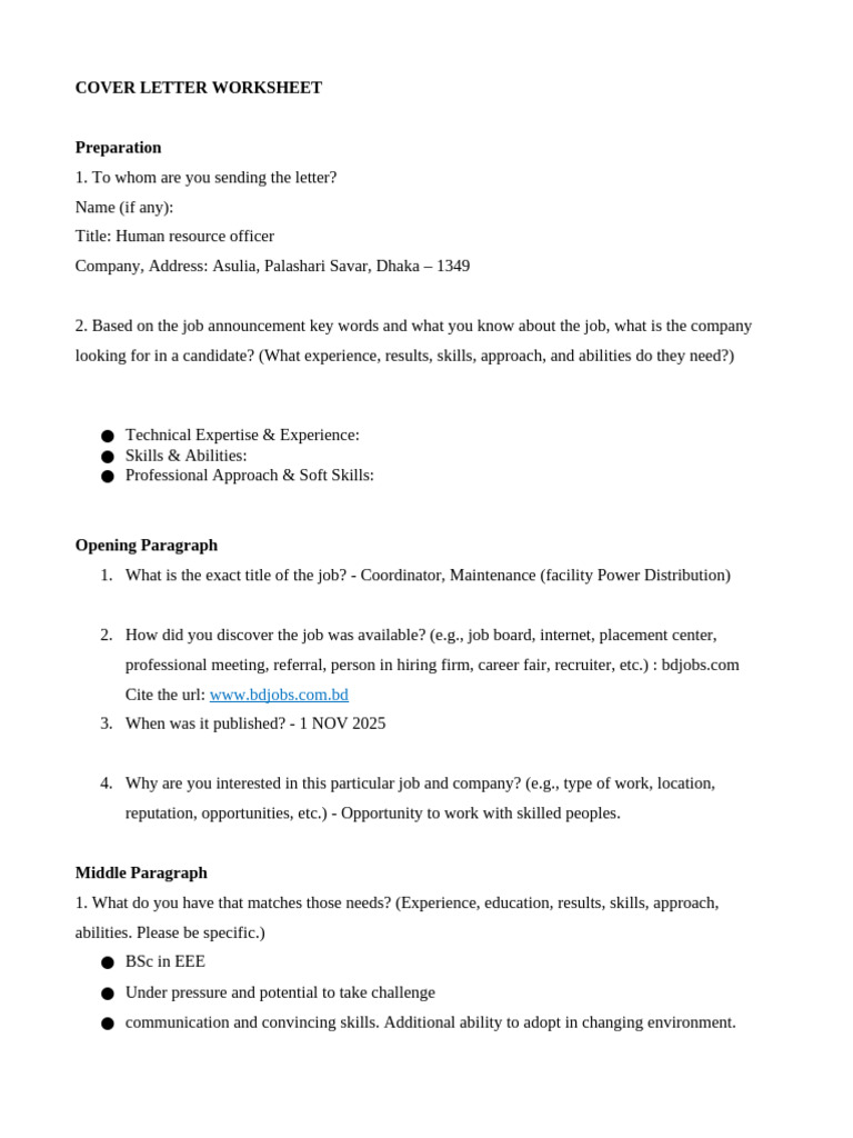 Cover Letter Worksheet-Template | PDF