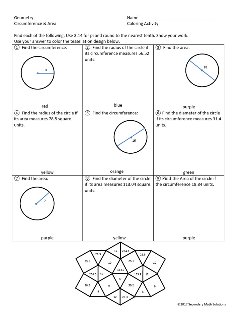 Circumference and Area Coloring Activity | PDF | Area | Circle