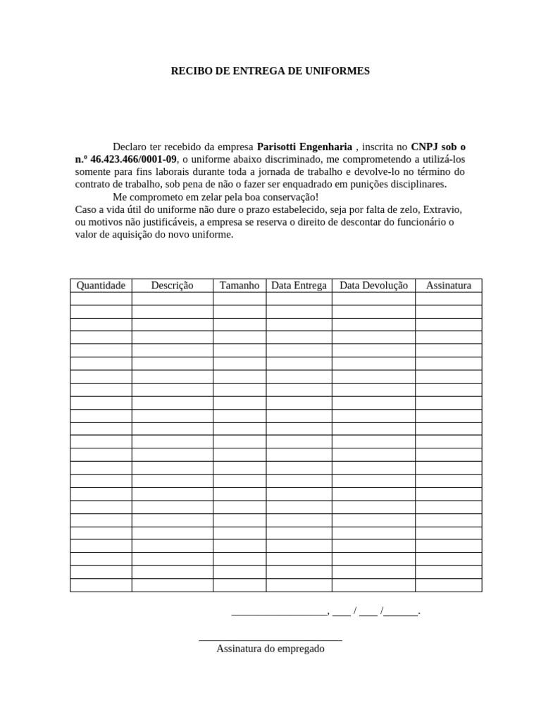 Recibo De Entrega De Uniformes Laborais Pdf