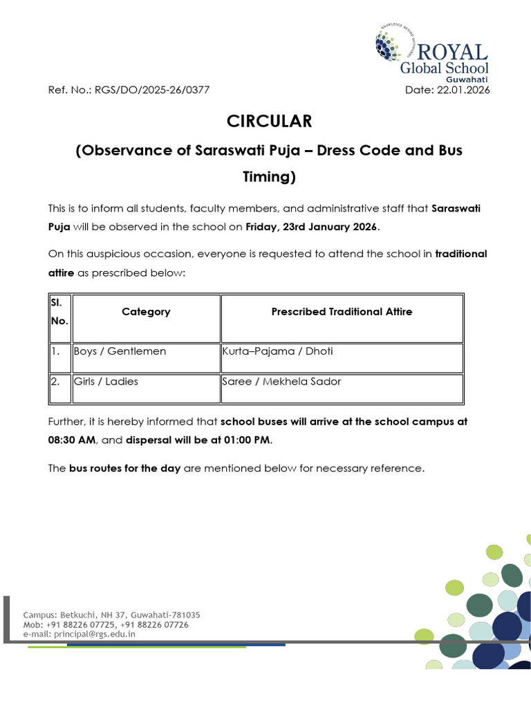 0377 - CIRCULAR (Observance of Saraswati Puja – Dress Code and Bus ...