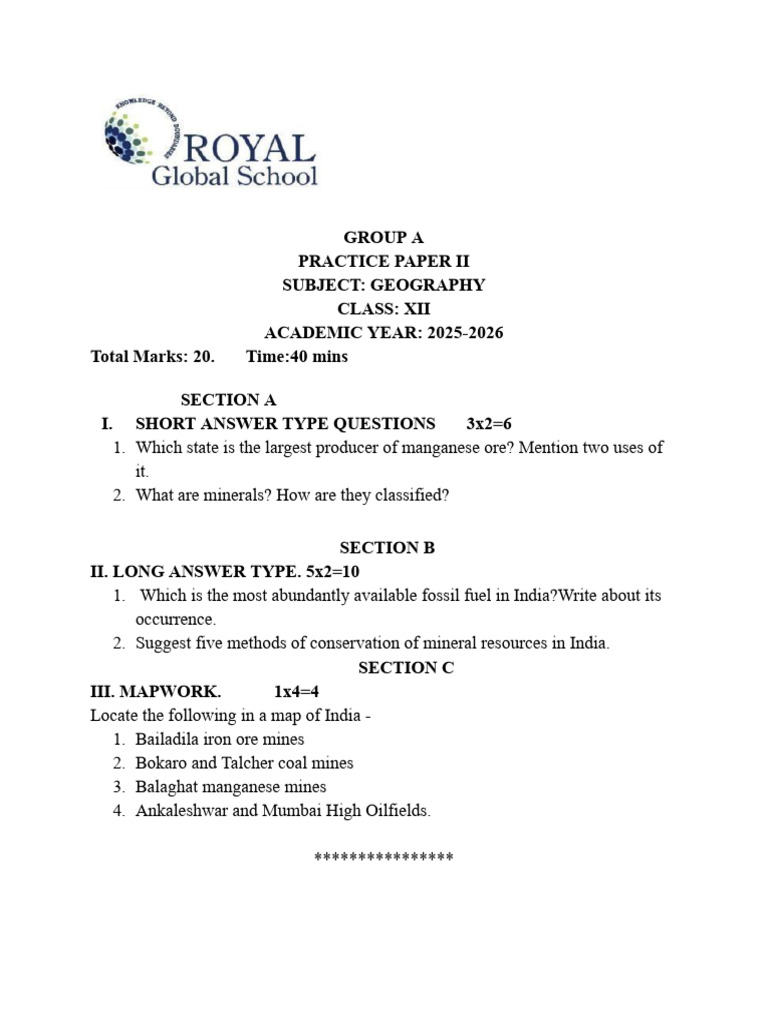 Geography Practice Paper for Class XII | PDF
