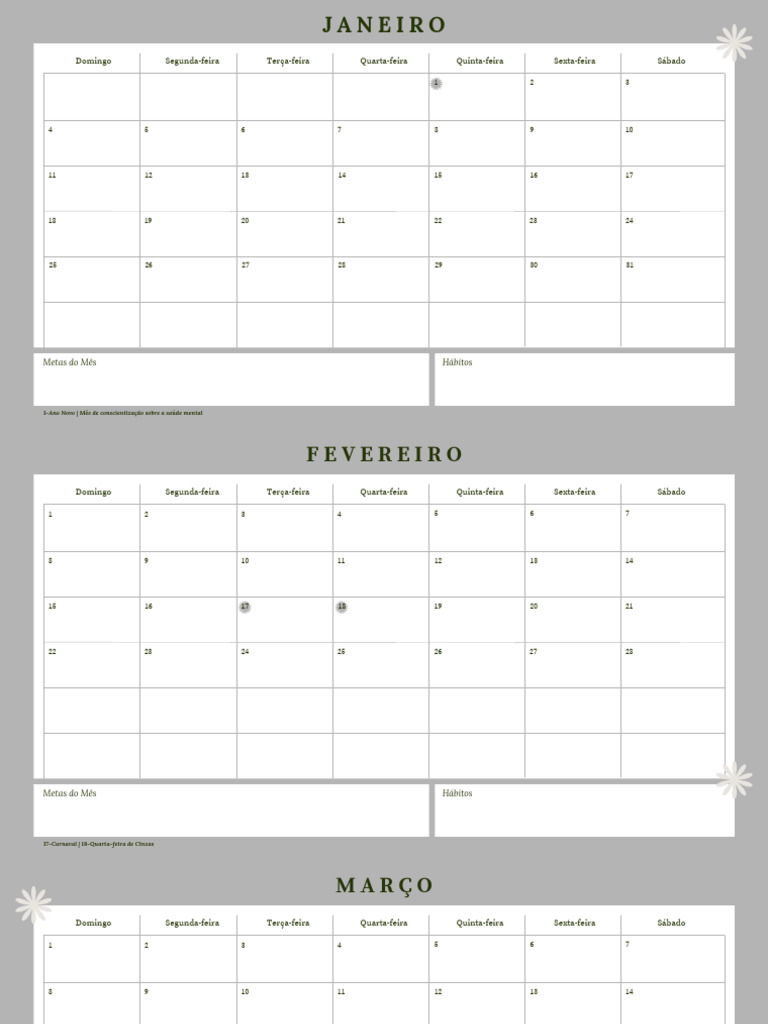 Calendário Mensal e Metas 2023 | PDF
