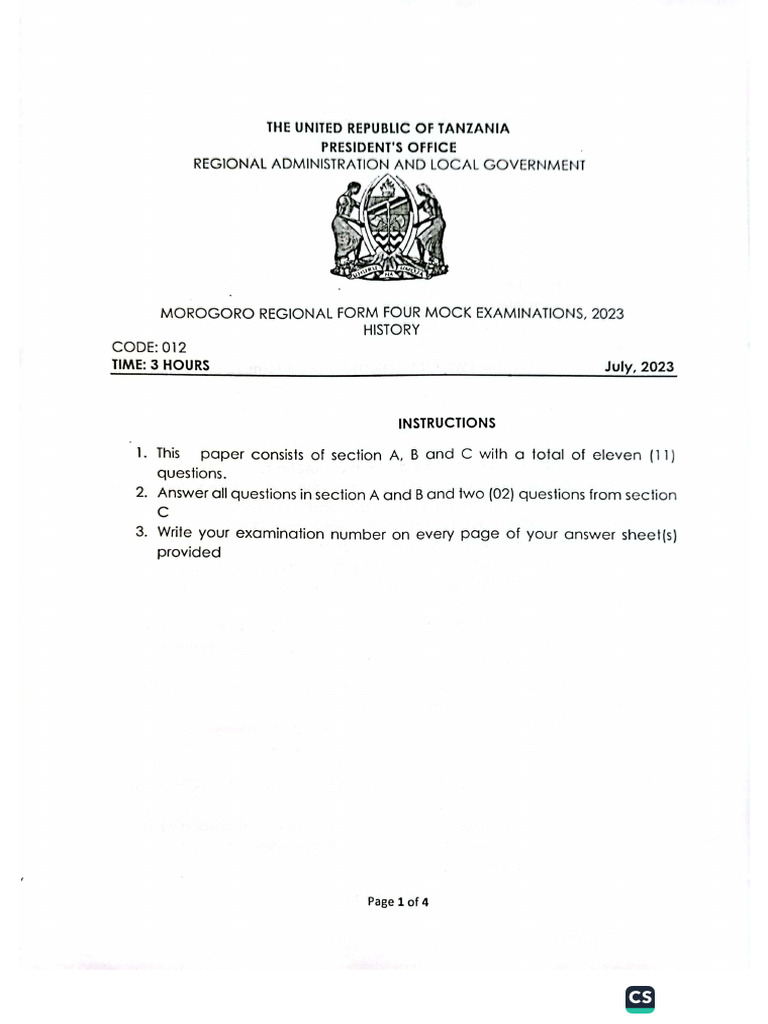 HISTORY F4 Mock Morogoro | PDF