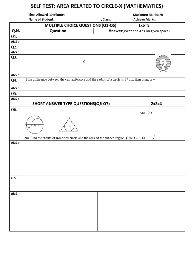 Self Test Area Realted to Circle x | PDF | Circle | Area