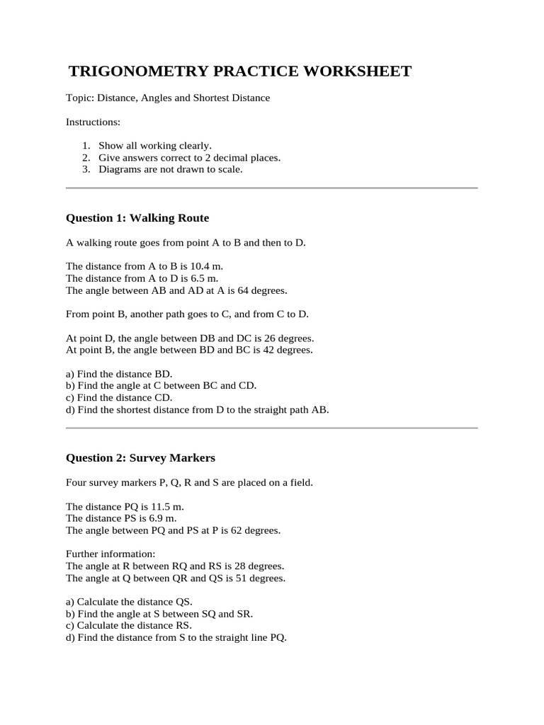 Trigonometry Distance and Angle Worksheet | PDF | Elementary Geometry ...