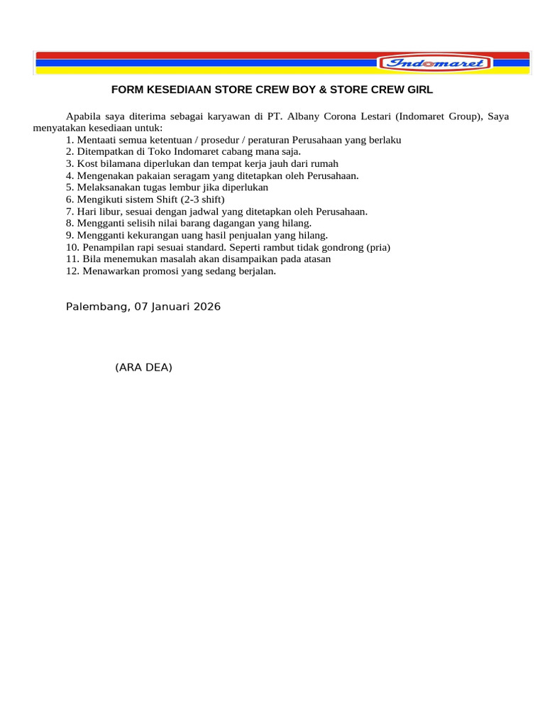 Form Kesediaan Store Crew | PDF