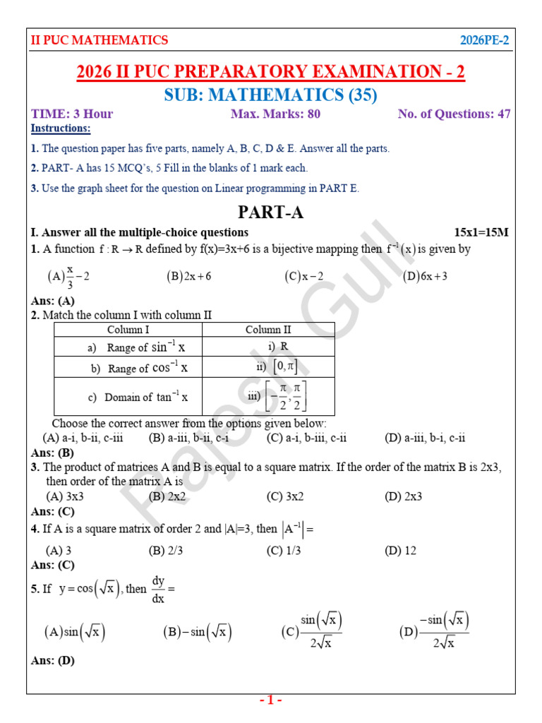2026 II PUC Mathematics Exam Paper | PDF | Mathematical Objects ...