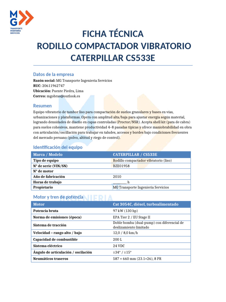 Rodillo Compactador Caterpillar CS533E | PDF