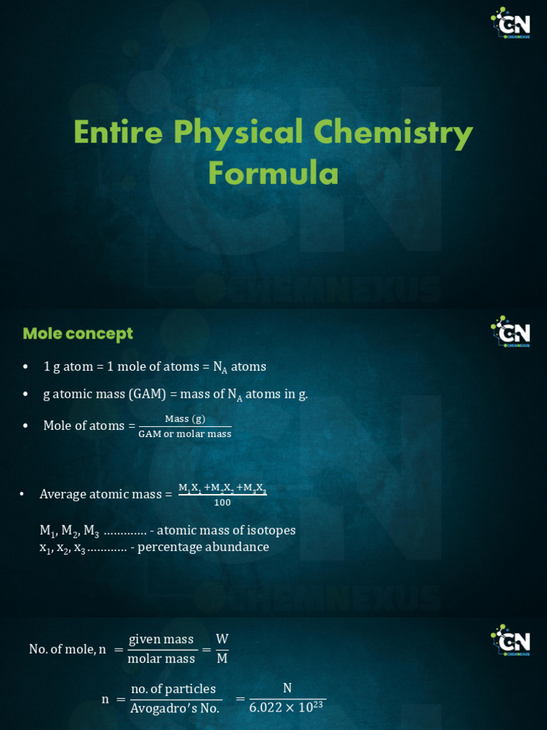 Physical Chemistry Formulas and Concepts | PDF | Mole (Unit ...