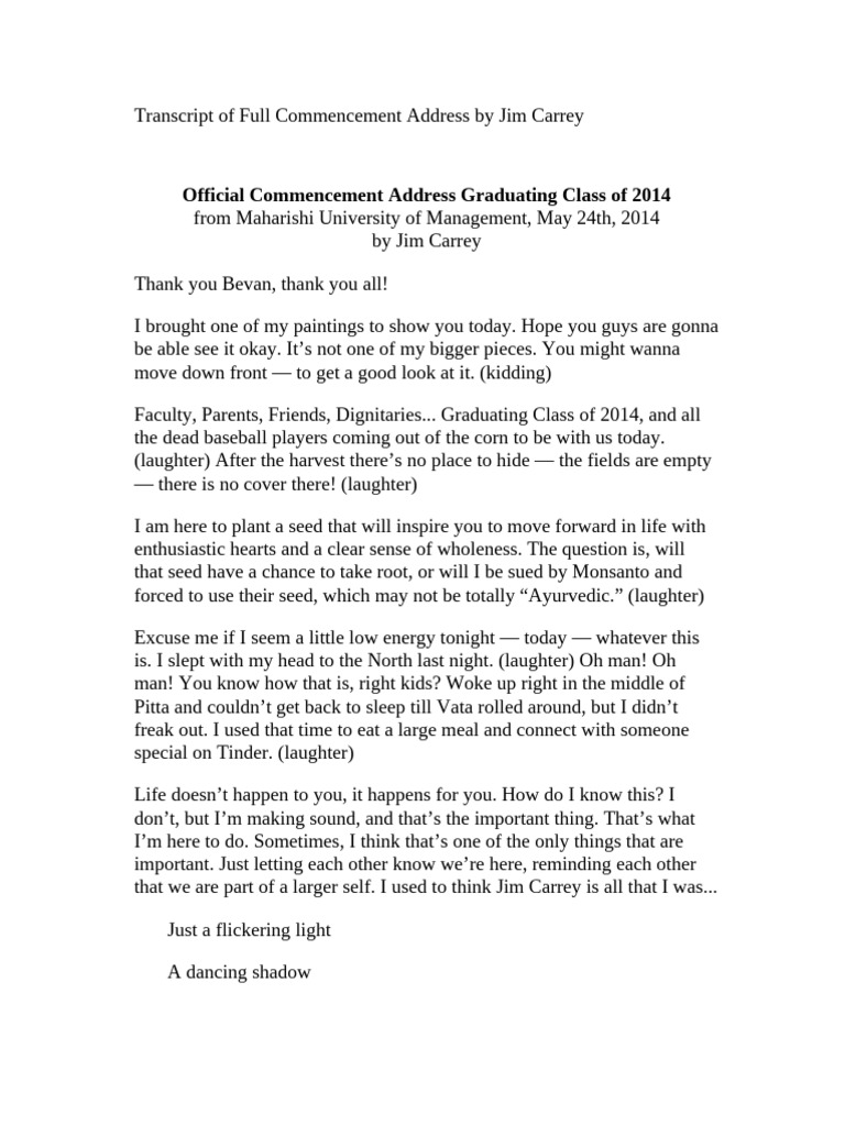 Transcript of Full Commencement Address by Jim Carrey | PDF