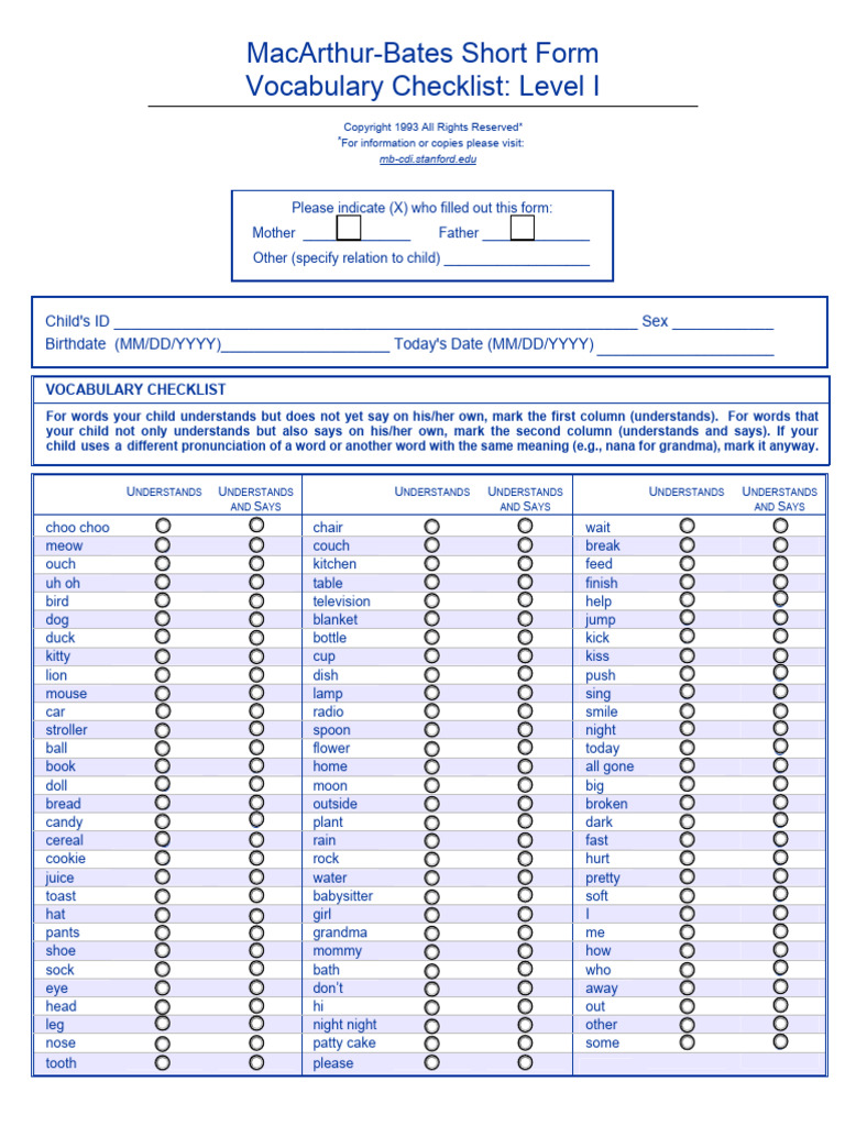 Child Vocabulary Checklist Form | PDF