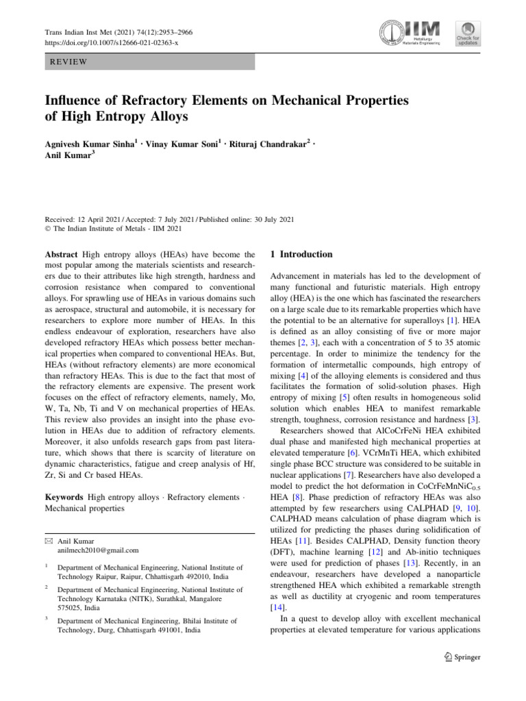 Refractory Elements in High Entropy Alloys | PDF | Strength Of ...