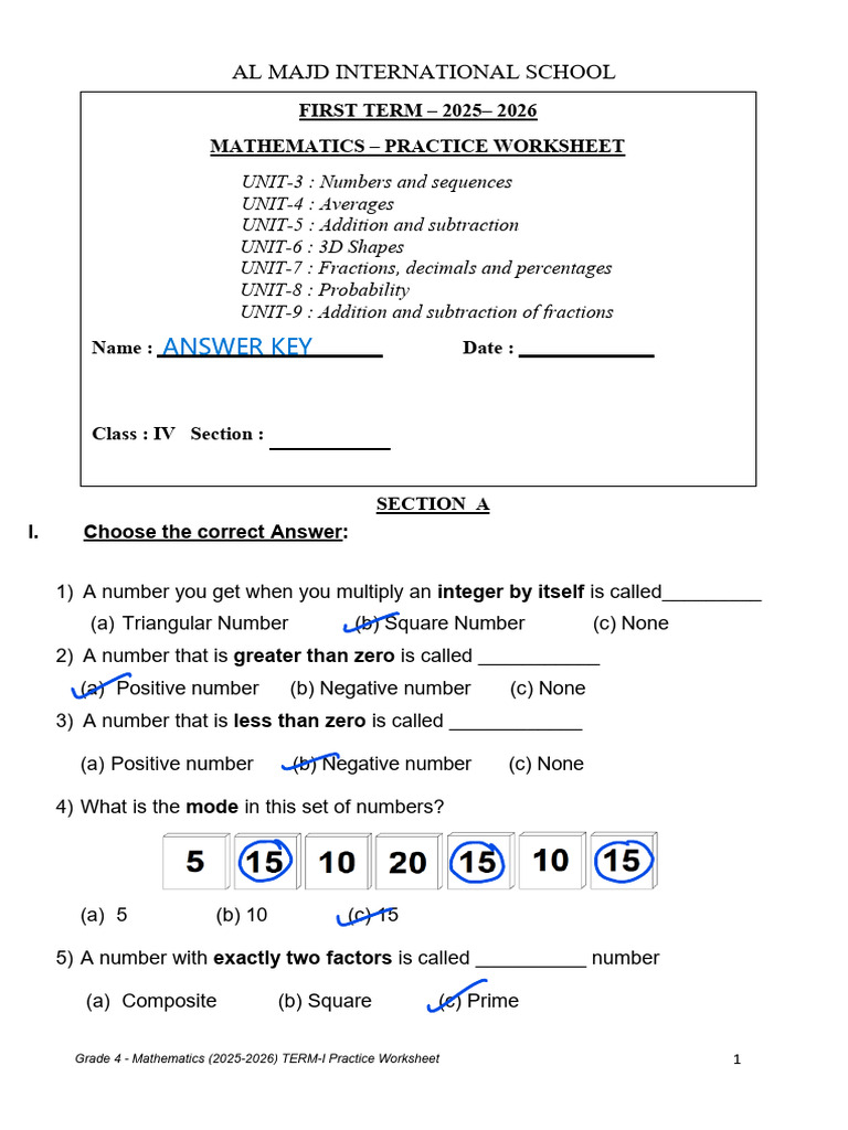 Grade 4 First Term Practice Worksheet 2025-2026 Answer Key | PDF ...