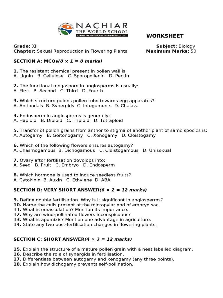 Xii-biology Cha-1 Worksheet Front and Back 6 Copies | PDF | Flowers ...