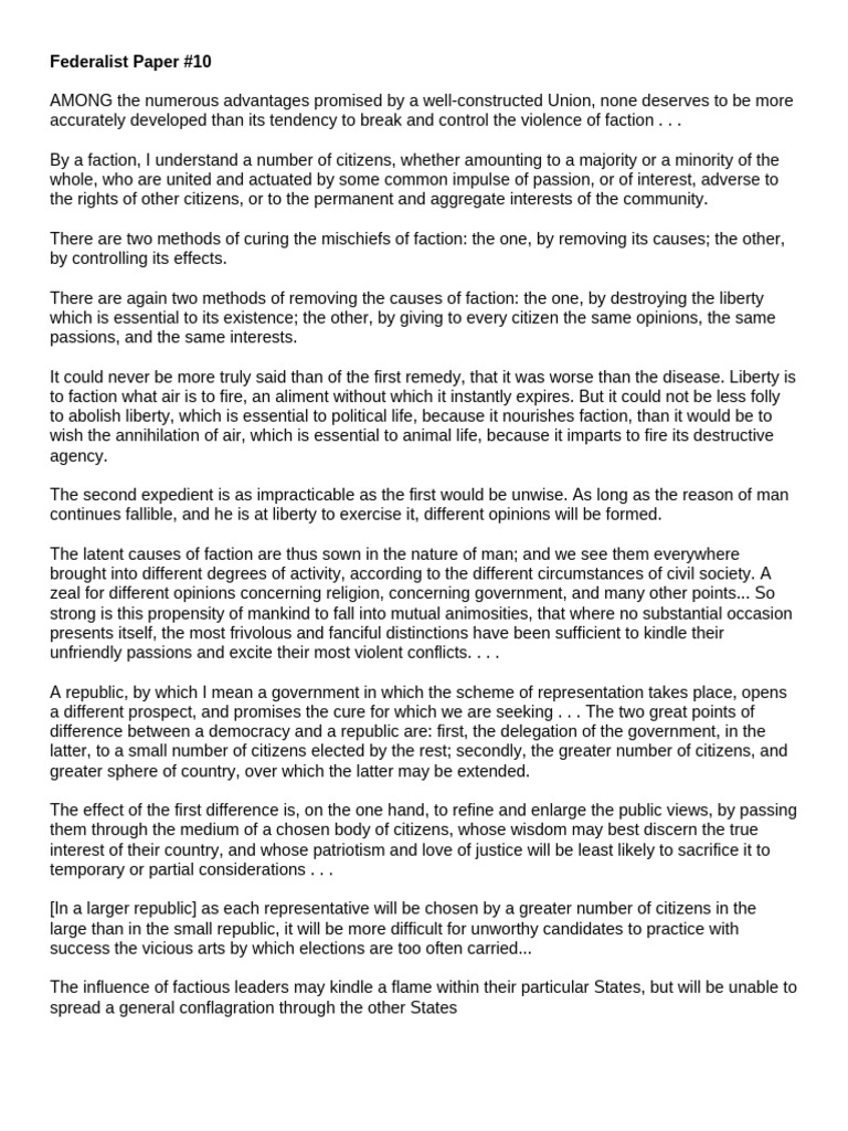 Federalist Paper 10 | PDF | Political Science