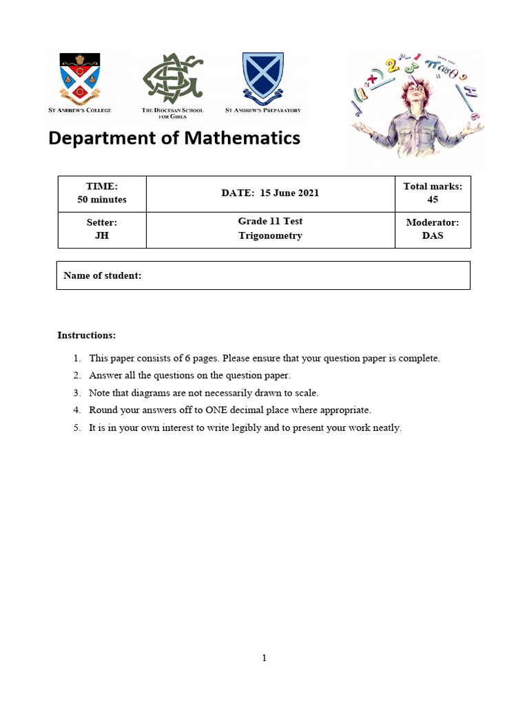 Grade 11 Trigonometry Test Paper | PDF | Trigonometry | Mathematics