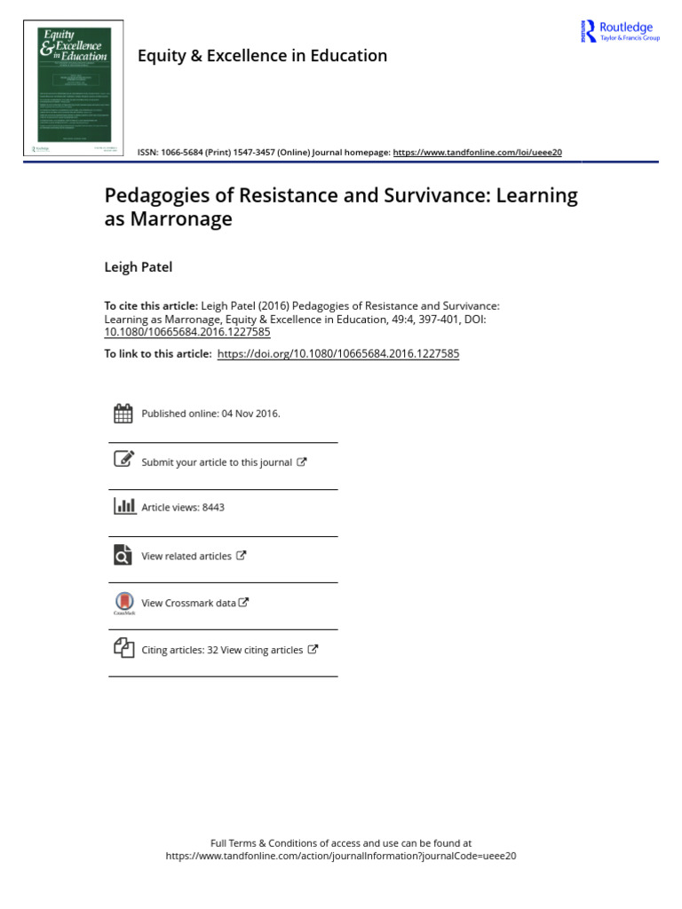 Patel_Pedagogies of Resistance and Survivance Learning as Marronage | PDF