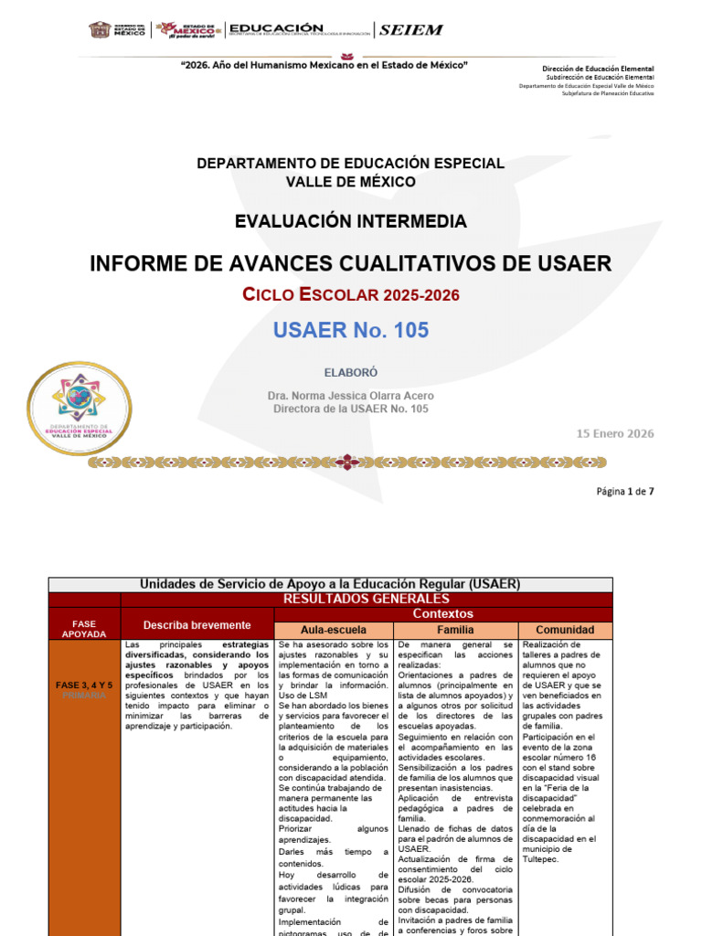 INF. EVALUAC ION USAER 105 | PDF | Aprendizaje | Enseñando