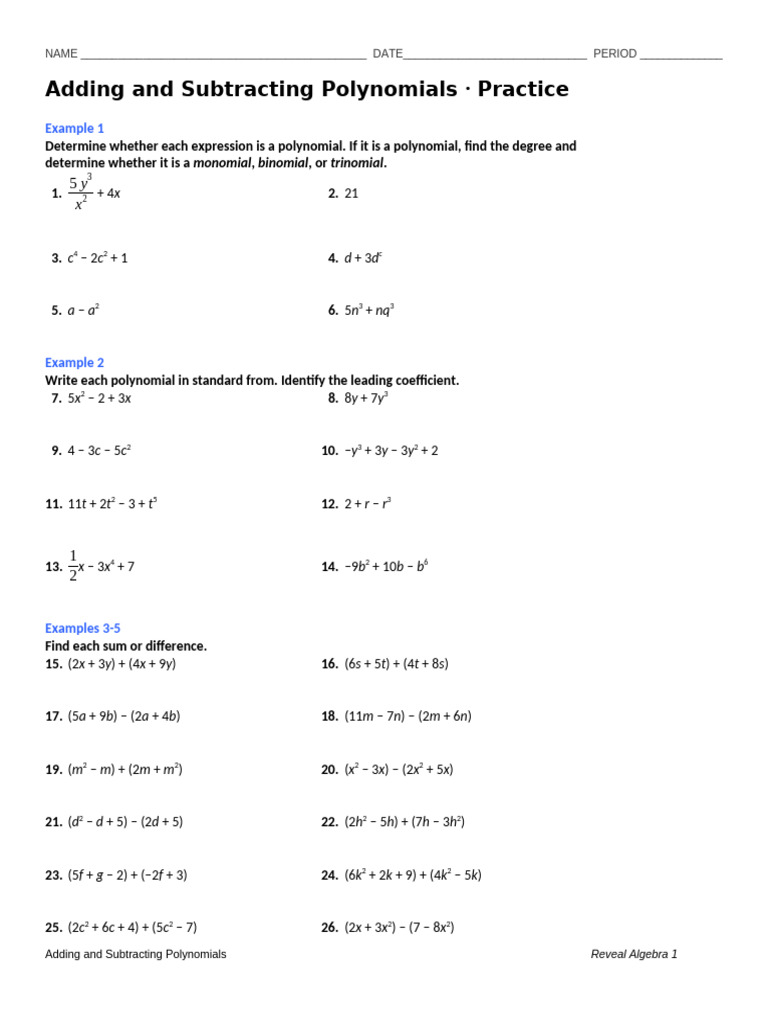 Adding and Subtracting Polynomials • Practice | PDF | Polynomial | Algebra