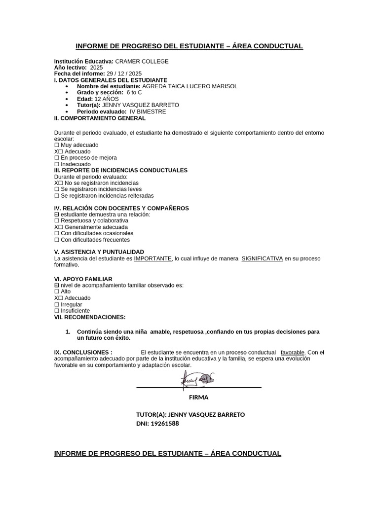 INFORME DE PROGRESO DEL ESTUDIANTE-AREA CONDUCTUAL DE 6C-2025 | PDF | Comportamiento | Evolución