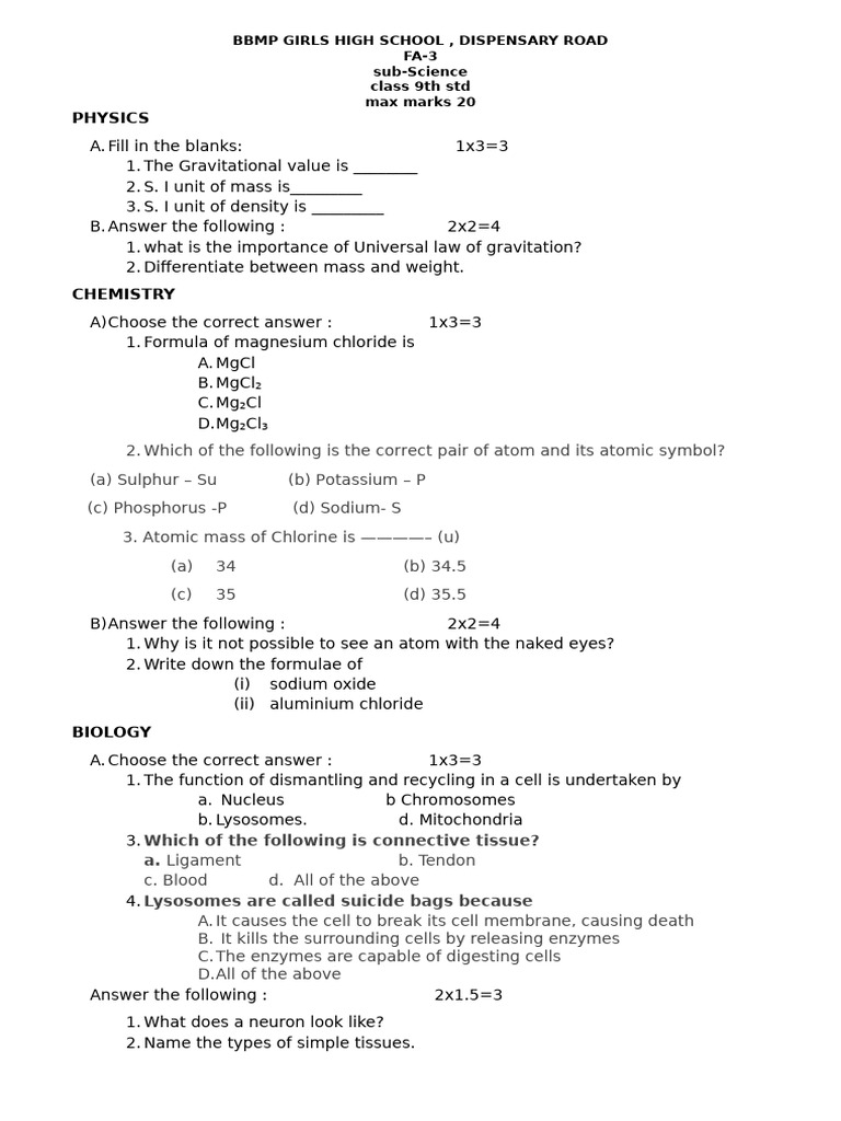Class 9 Science FA-3 Exam Paper | PDF