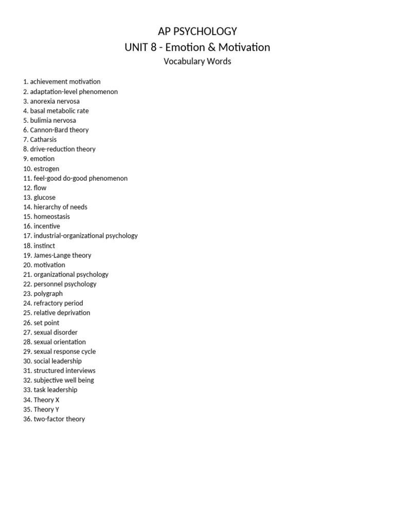 UNIT 8 Motivation and Emotion Vocabulary (1) | PDF