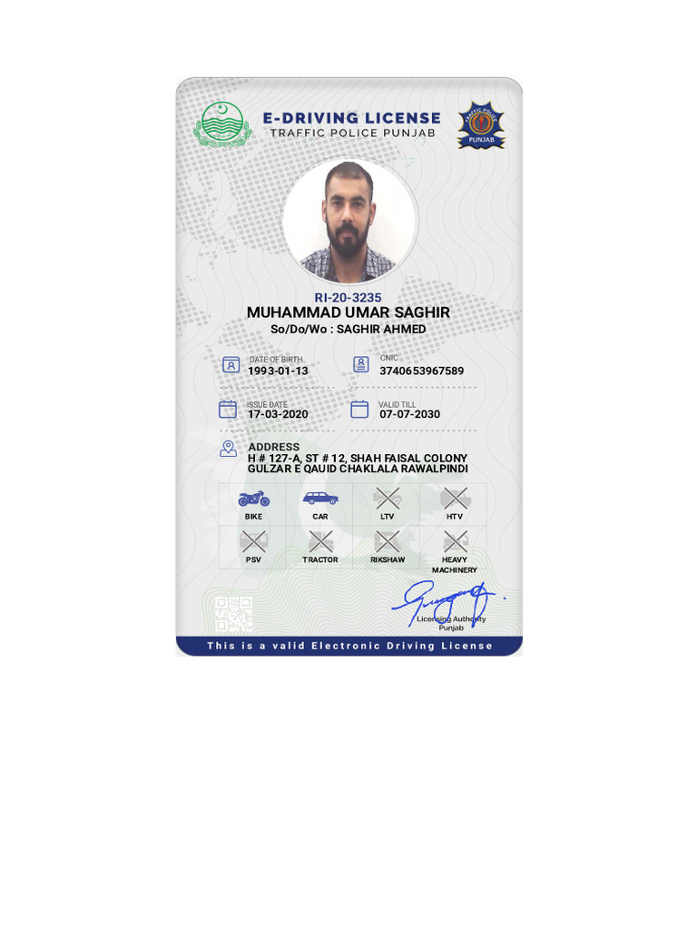 Vehicle License Details for Muhammad Saghir | PDF