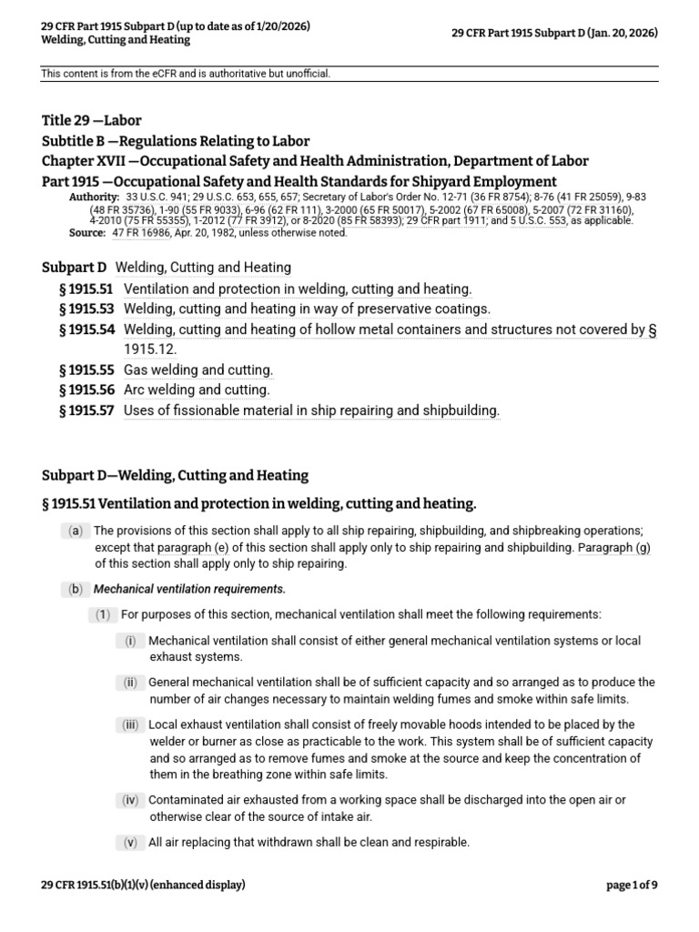 29 CFR Part 1915 Subpart D (Up to Date as of 1-20-2026) | PDF | Welding ...
