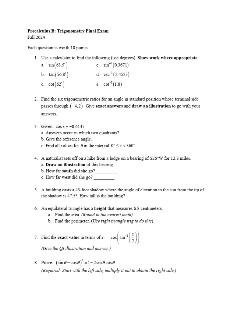 Trig Final Exam Fall 2024 | PDF | Trigonometry | Elementary Mathematics