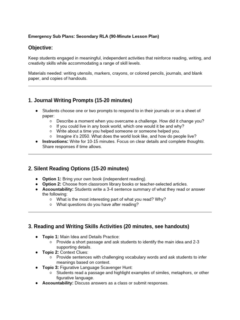 Emergency Sub Plans: Engaging RLA Activities | PDF
