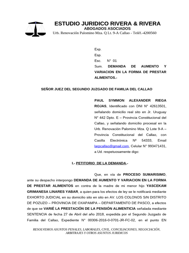 Demanda Variacion y aumento de Alimentos Paul Riega Rojas - 10-02-23 | PDF | Divorcio | Demanda ...
