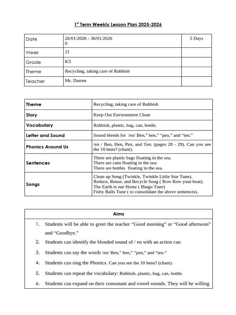 K3 Weekly Lesson Plan: Recycling Theme | PDF | Phonics | Waste