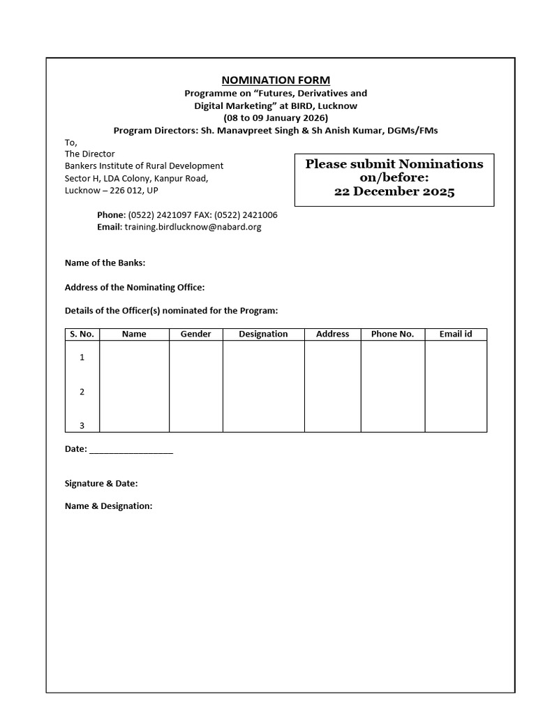 Nomination Form Futures Derivatives 8 to 9 Jan 2026 | PDF