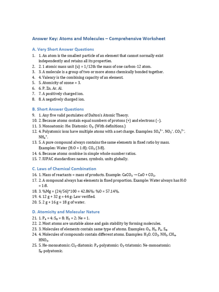 Atoms and Molecules Worksheet Answers | PDF | Chemical Compounds ...