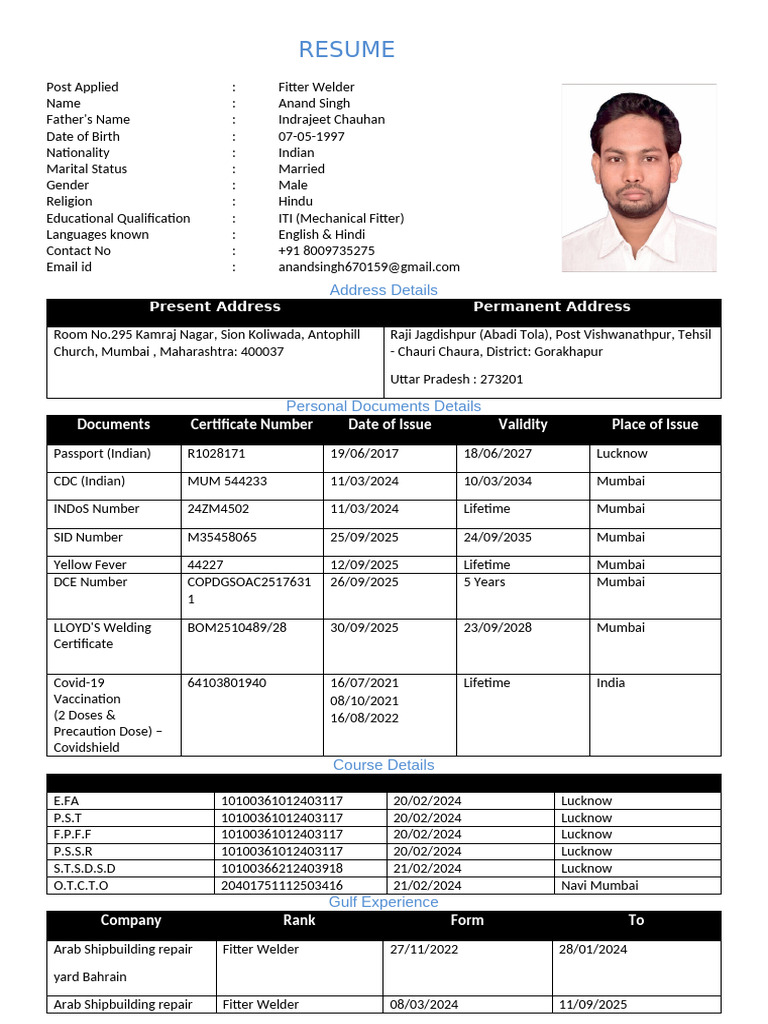 FITTER ANAND SINGH CV _20250927_103101_0000-1 | PDF | Vaccination