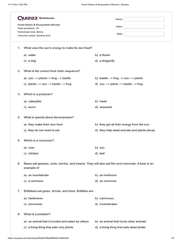 Food Chains & Ecosystems Quiz Review | PDF | Foods | Systems Ecology