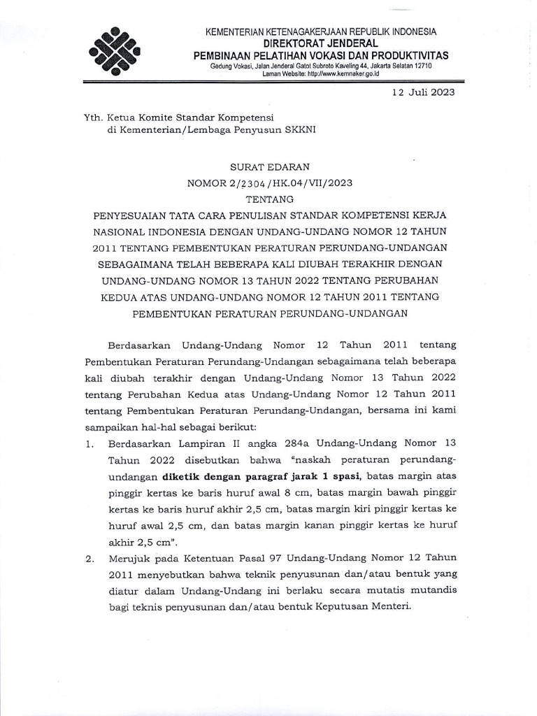 Surat Edaran Penyesuaian Tata Cara Penulisan SKKNI | PDF
